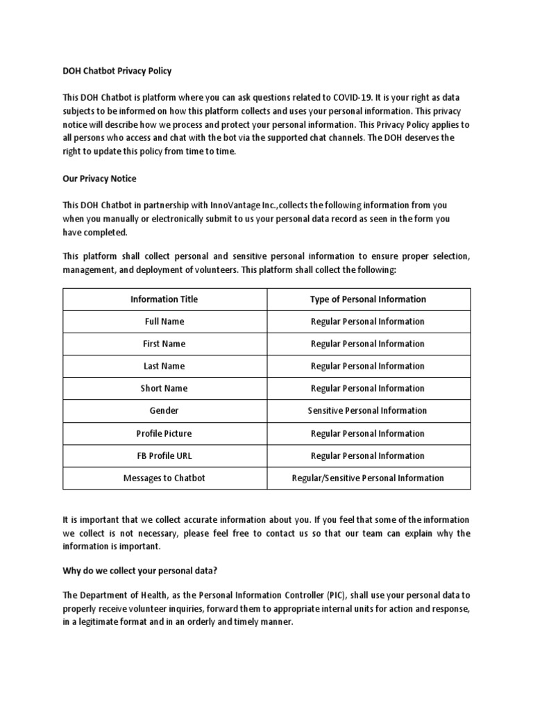 DOH Chatbot Privacy Policy V1.0 | PDF | Privacy | Databases