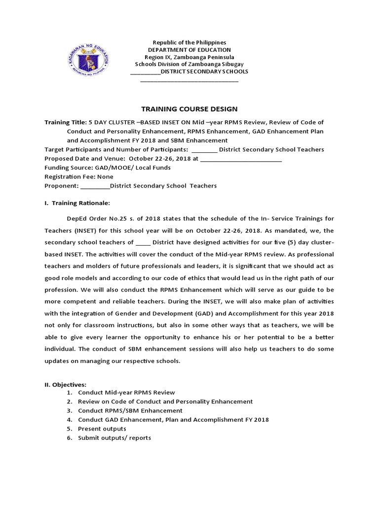 TRAINING DESIGN INSET Sample | PDF | Teachers | Behavior Modification
