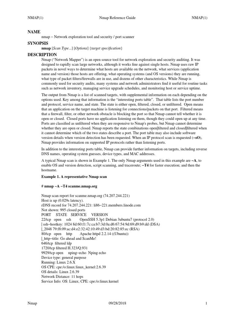 Name Synopsis Description: Nmap (Scan Type... ) (Options) (Target ...