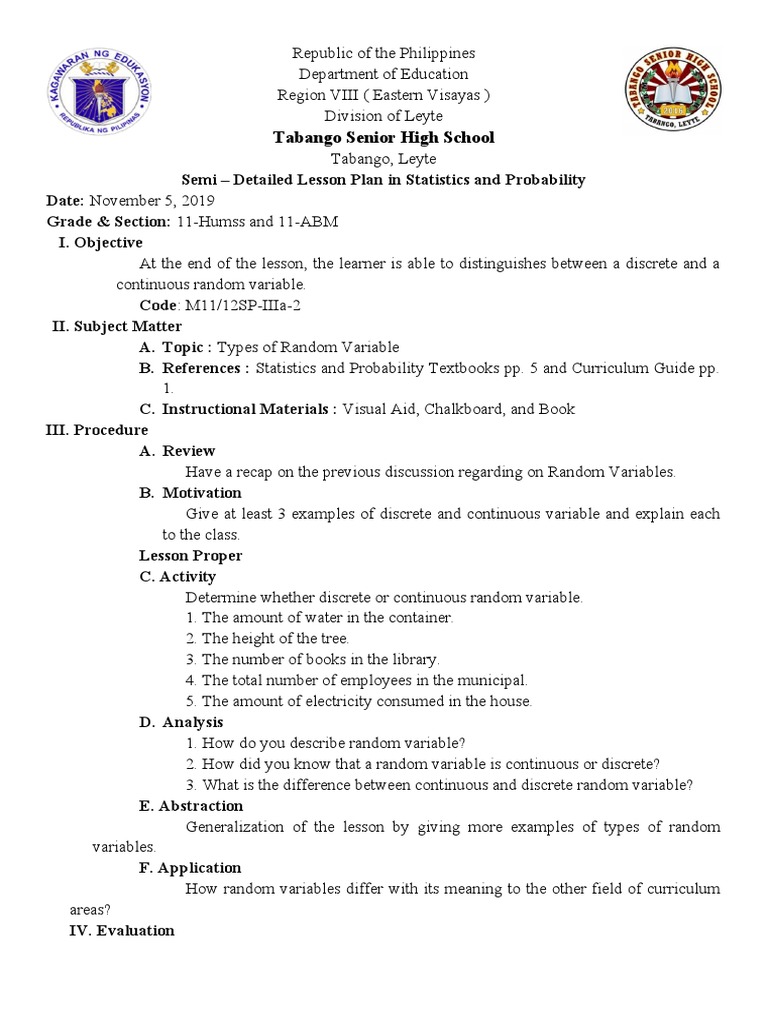 Lesson Plan in Statistics and Probability November 5, 2019 | Download ...