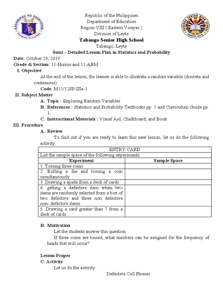 Grade 11 Statistics Lesson Plan | PDF | Random Variable | Statistics