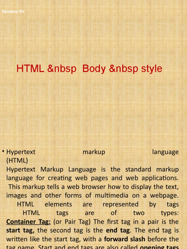HTML &NBSP Body &NBSP Style: Sandeep Sir | PDF | Html | Html Element