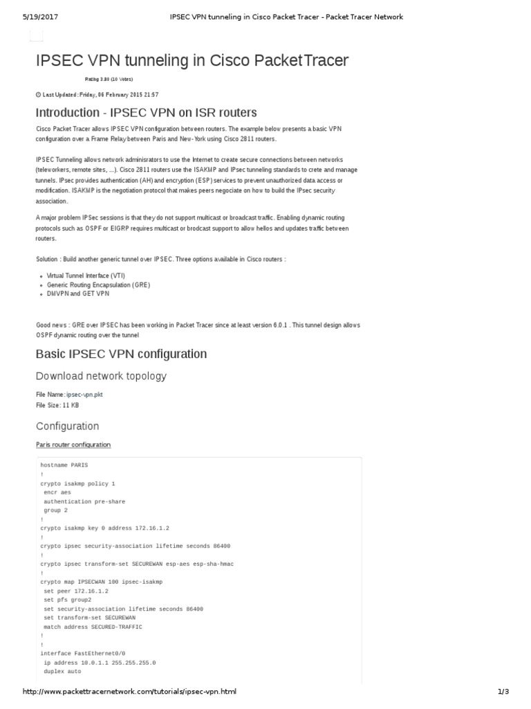 IPSEC VPN Tunneling in Cisco Packet Tracer - Packet Tracer Network | PDF | Virtual Private ...