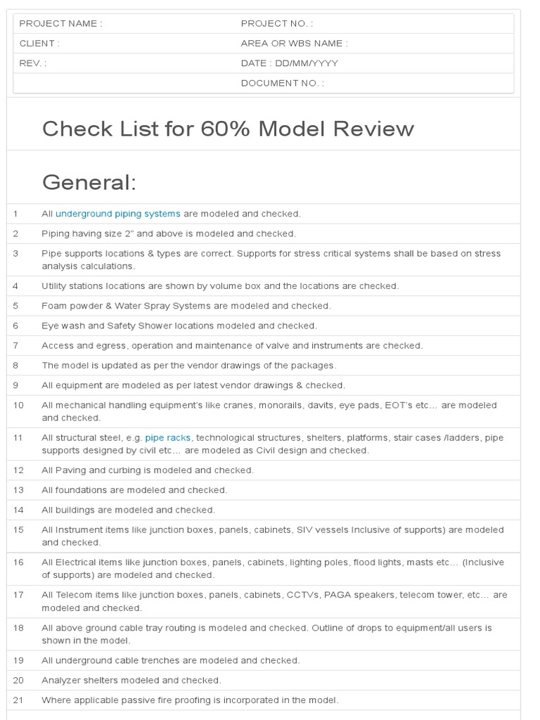 Piping Checklist For 60% 3D Model Review | PDF | Pump | Valve