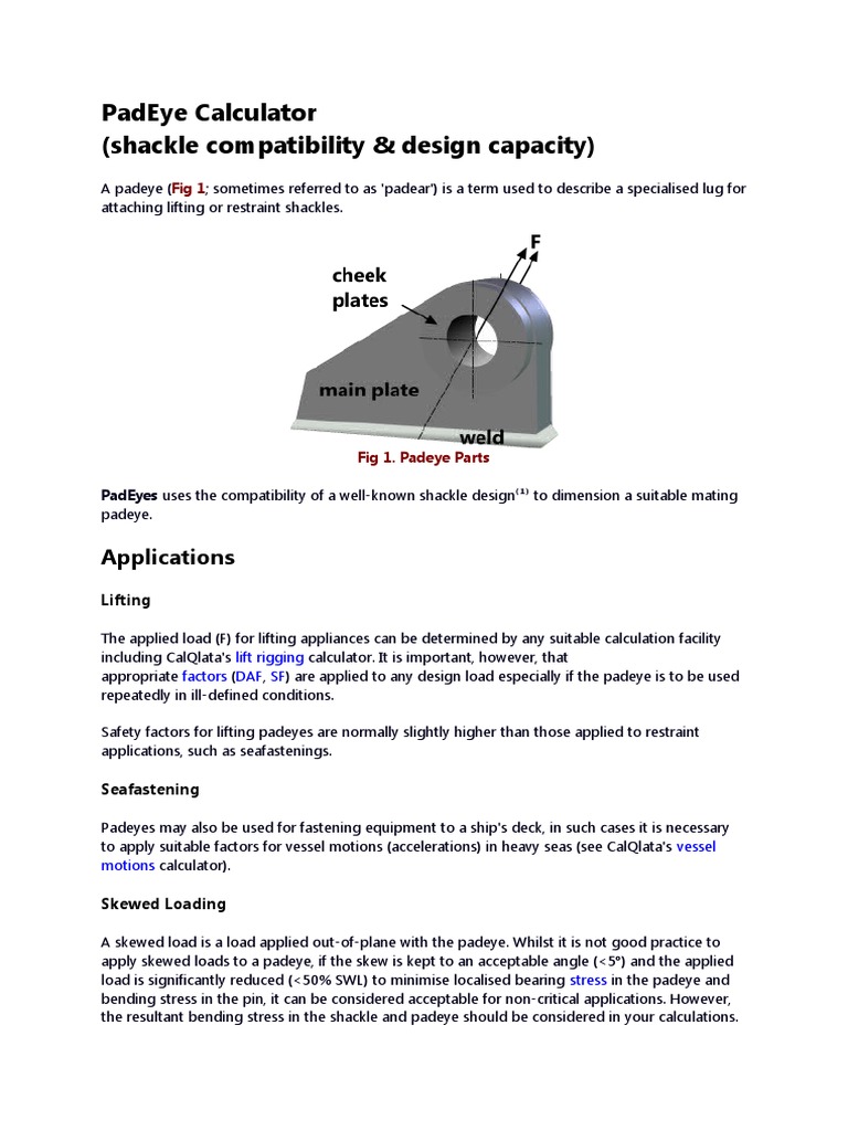 Padeye Calculator (Shackle Compatibility & Design Capacity) : Applications | PDF | Bending ...