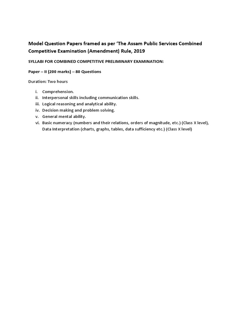 Model Question Papers Framed As Per The Assam Public Services Combined ...