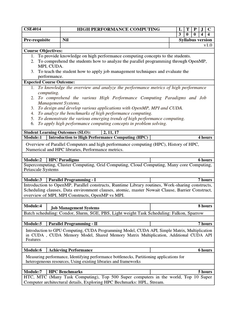 High Performance Computing L T P J C Pre-Requisite Nil Syllabus Version Course Objectives | PDF ...