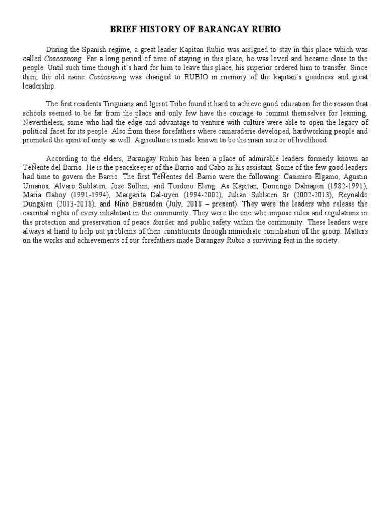 Brief History of Barangay Rubio | PDF
