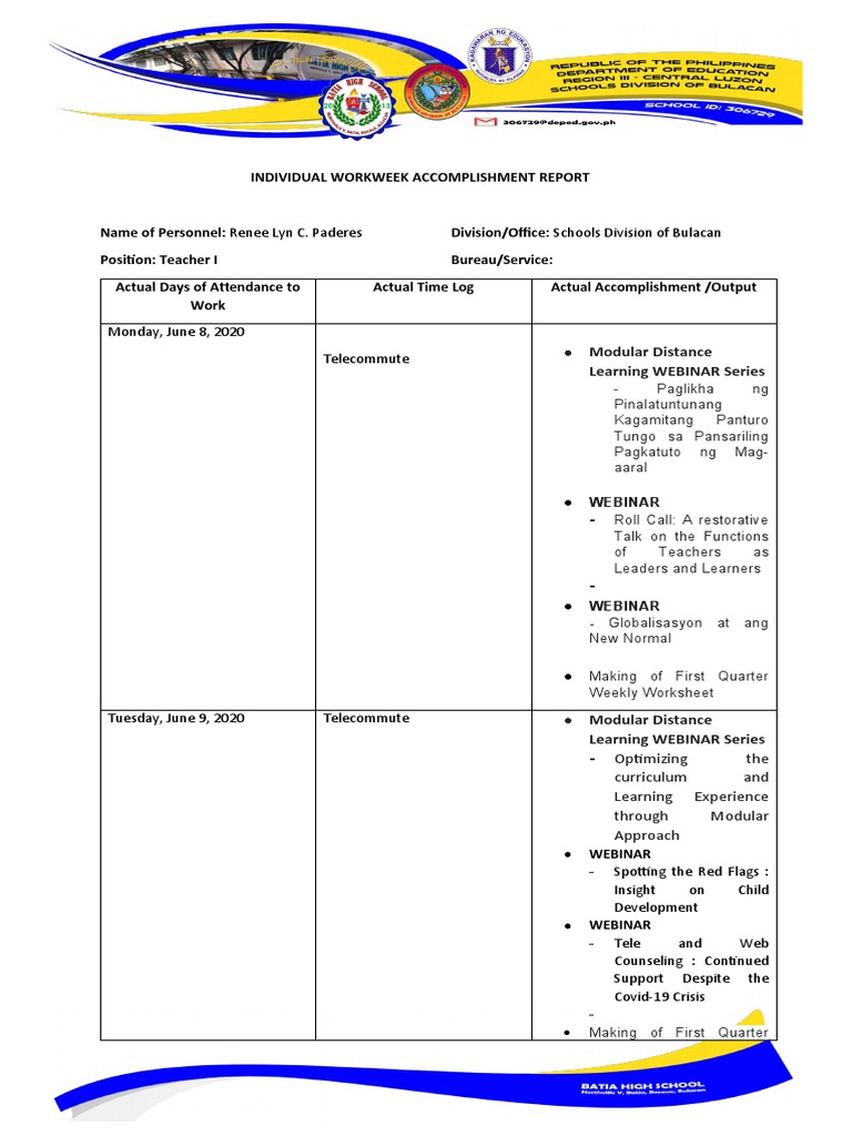 JUNE 8 - 12 INDIVIDUAL WORKWEEK ACCOMPLISHMENT REPORT - ReneelynPaderesScienceWEEK2 | PDF ...