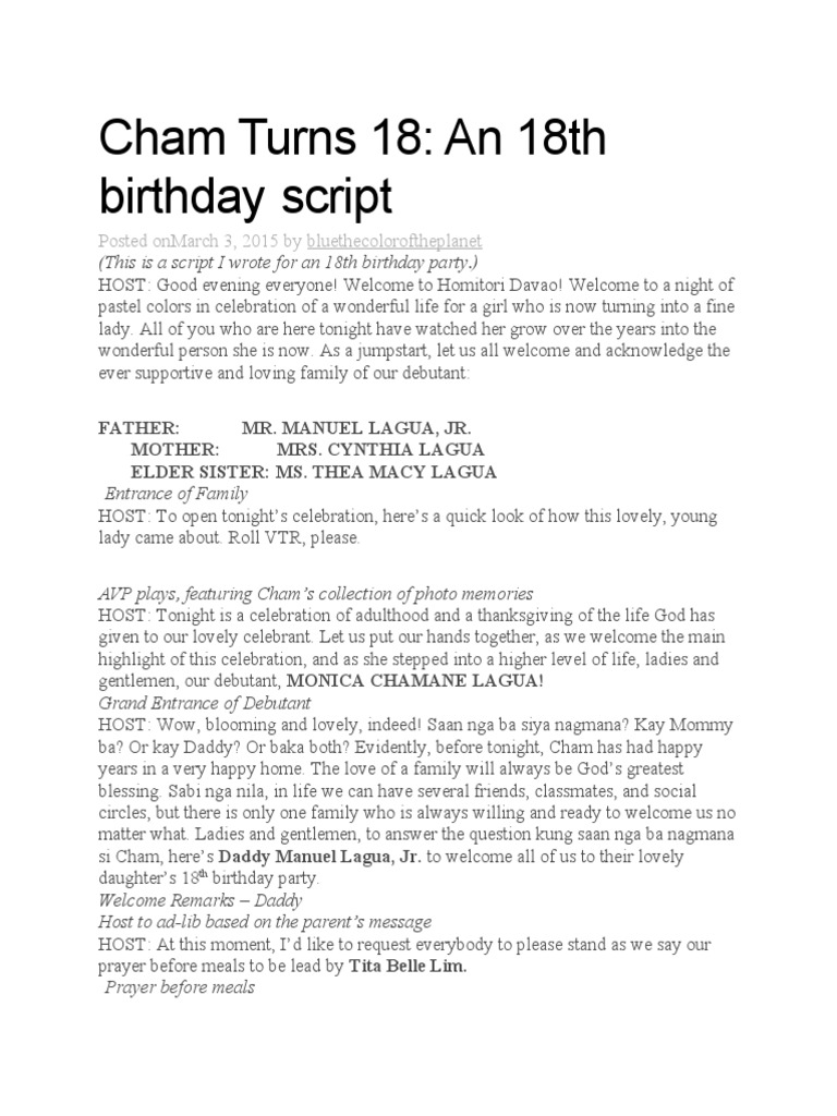Cham Turns 18: An 18Th Birthday Script: Posted Onmarch 3, 2015 by ...
