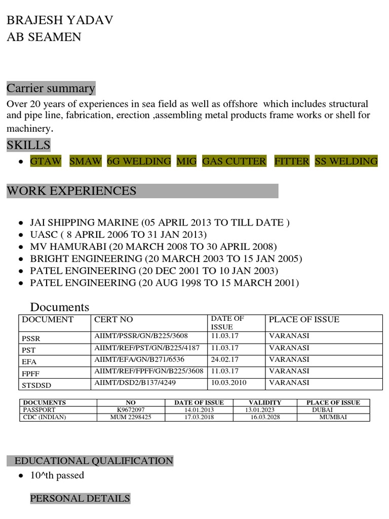 Brajesh Yadav Ab Seamen: Document Cert No Place of Issue | PDF