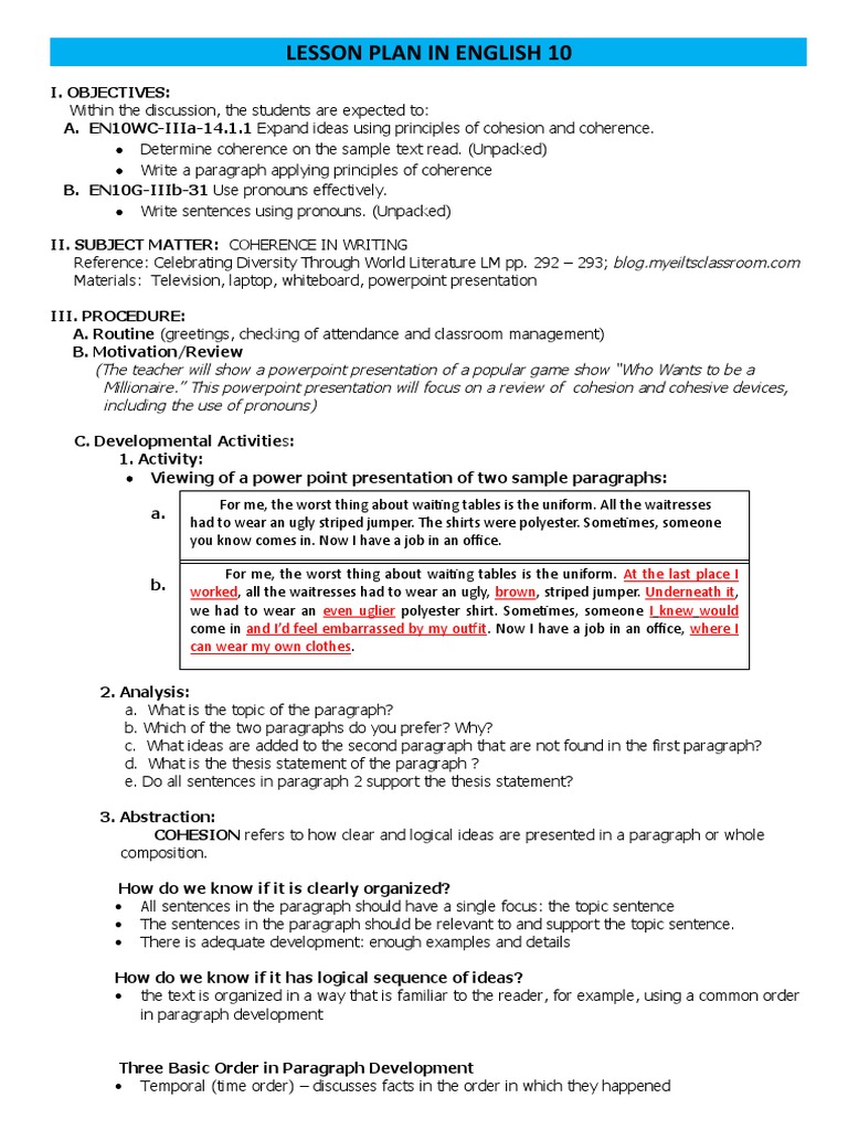 Cohesion and Coherence Lesson Plan | PDF | Paragraph | Lesson Plan