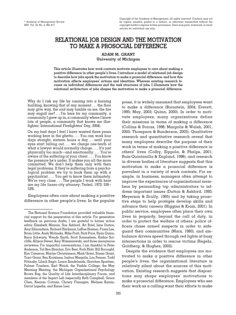 Grant (2007) - Relational Job Design and The Motivation To Make A ...