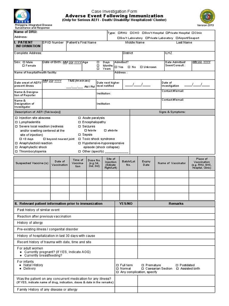 Case Investigation Form for AEFI | PDF | Refrigerator | Vaccines