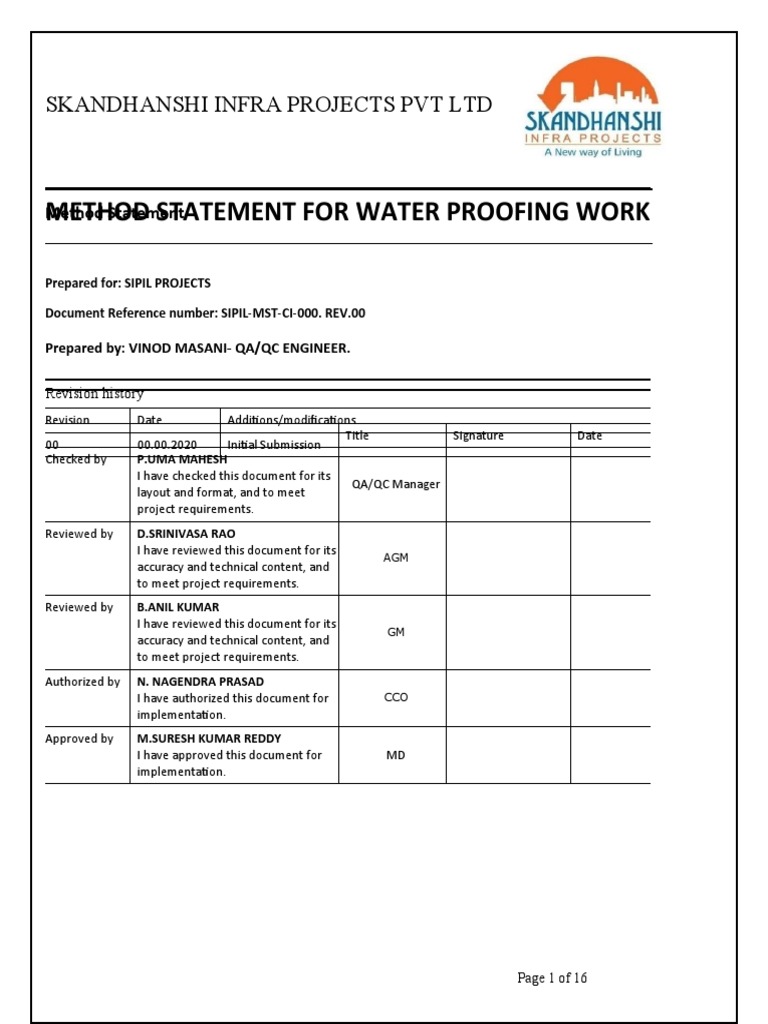 Method Statement Water Proofing | PDF | Pipe (Fluid Conveyance) | Concrete