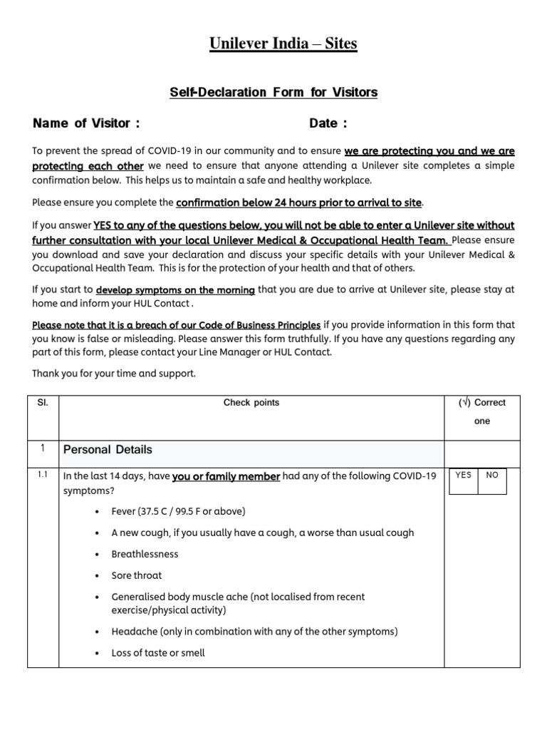 Covid Self Declaration Form Visitor PDF | Download Free PDF | Chronic ...