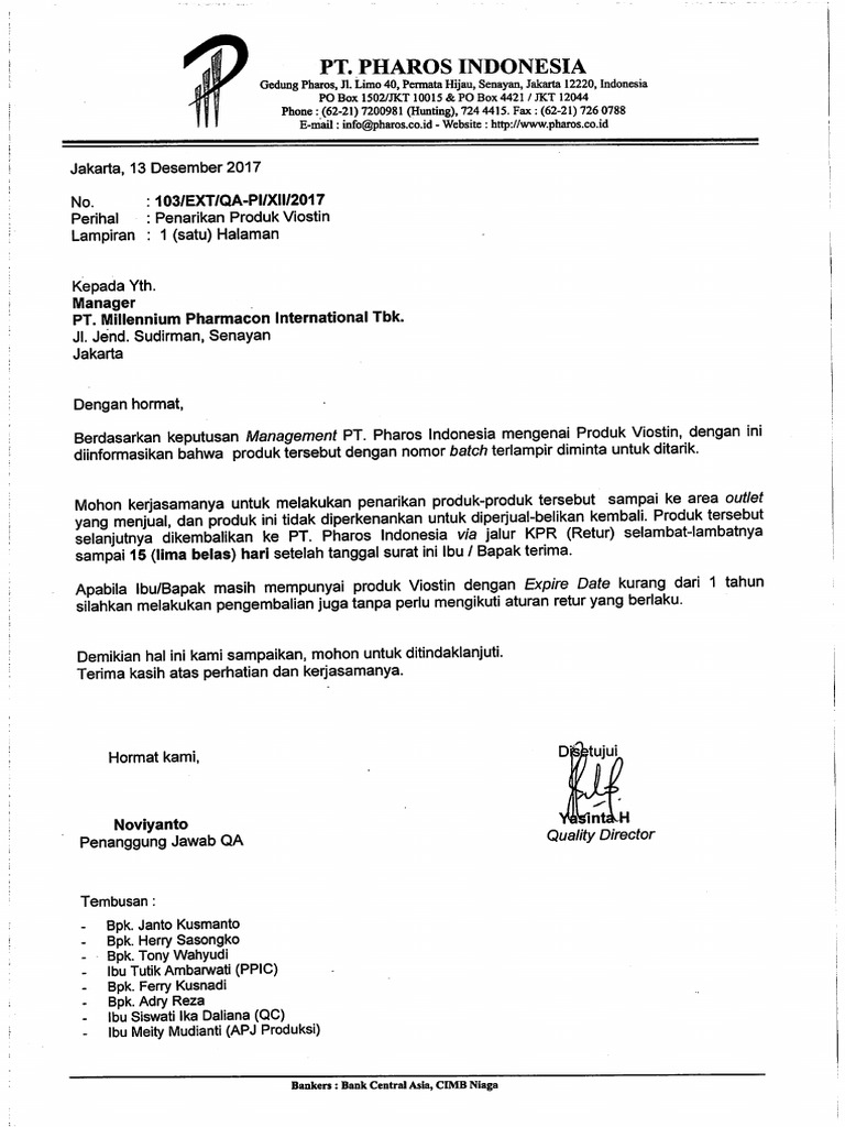 Surat Pharos - Penarikan Viostin Mpi | PDF