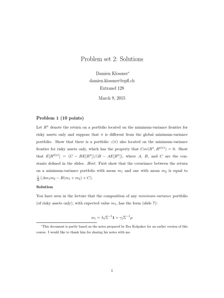 Problem Set 2: Solutions: Damien Klossner Damien - Klossner@epfl - CH Extranef 128 March 9, 2015 ...