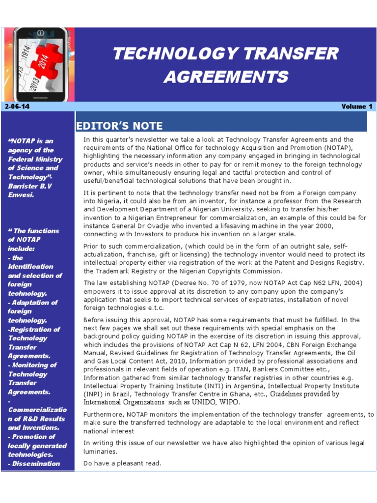 Technology Transfer Agreements: Editor'S Note | PDF | Know How | License