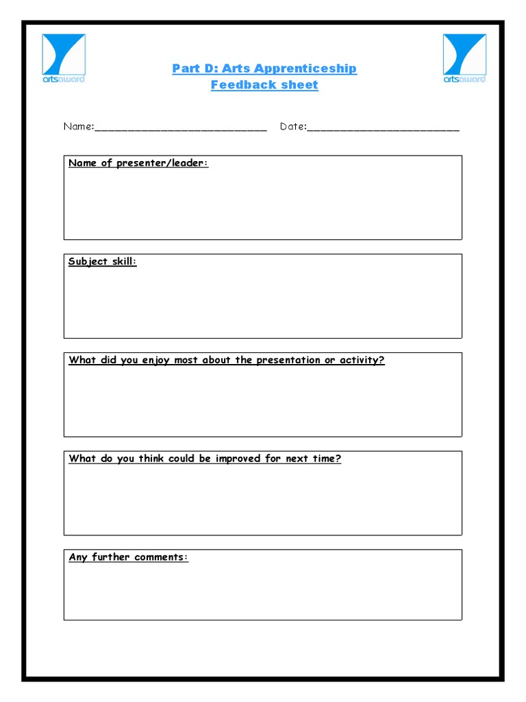 Part D: Arts Apprenticeship Feedback Sheet: Name: - Date | PDF