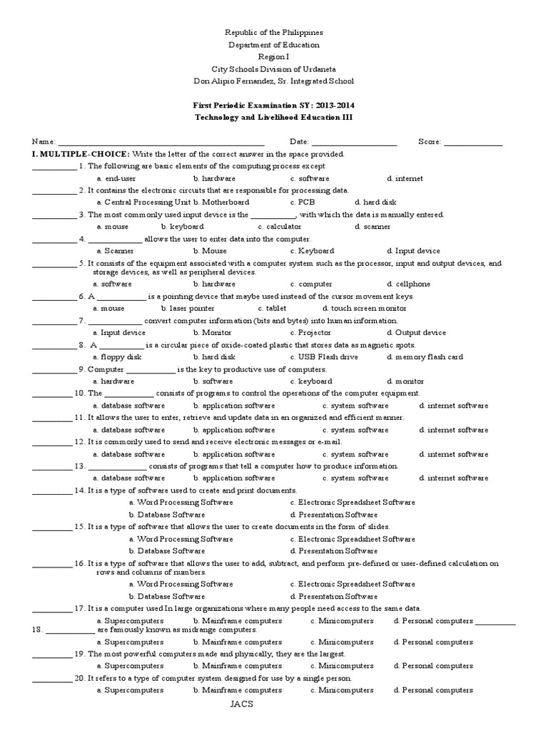 TLE 1st Periodic Exam SY2013-2014v1 | PDF | Computer Hardware ...