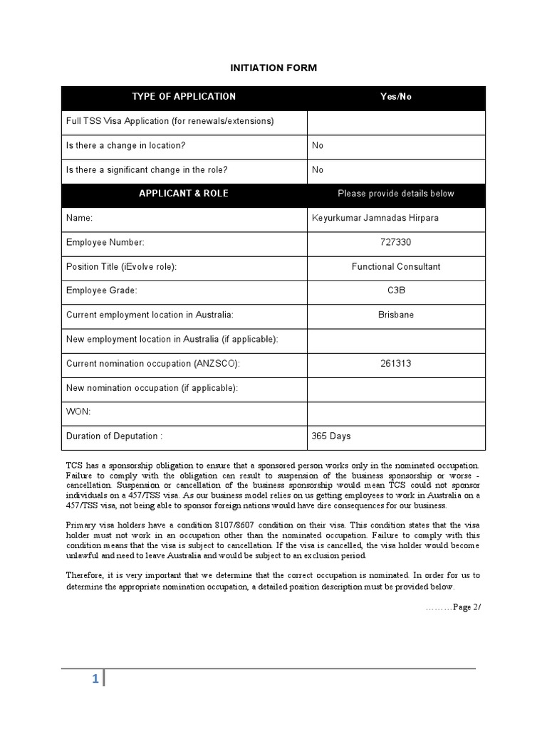 Type of Application Yes/No: Initiation Form | PDF | Travel Visa ...