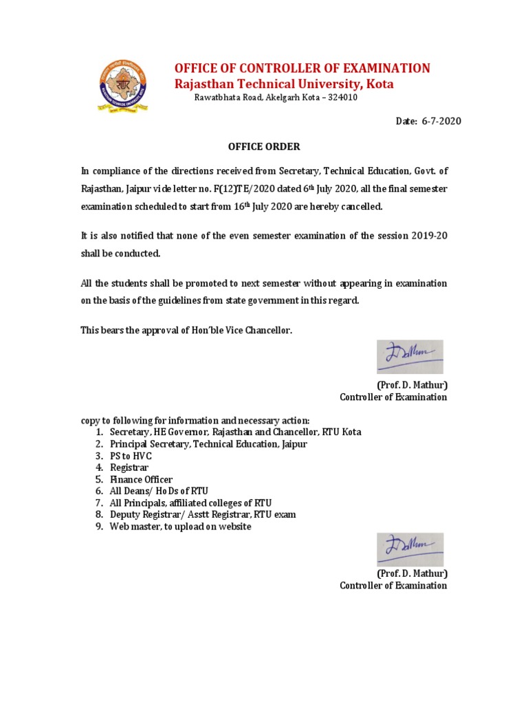 Office of Controller of Examination Rajasthan Technical University ...