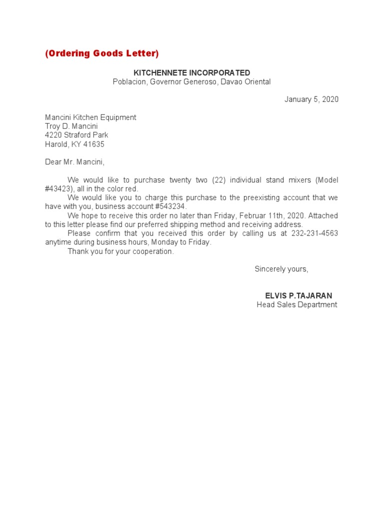 Letter of Ordering Goods | PDF