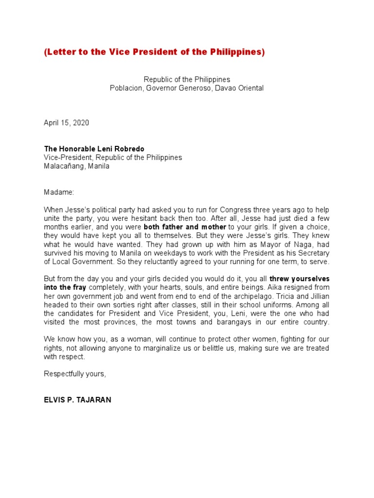 Sample Letter To The Vice President of The Philippines | PDF