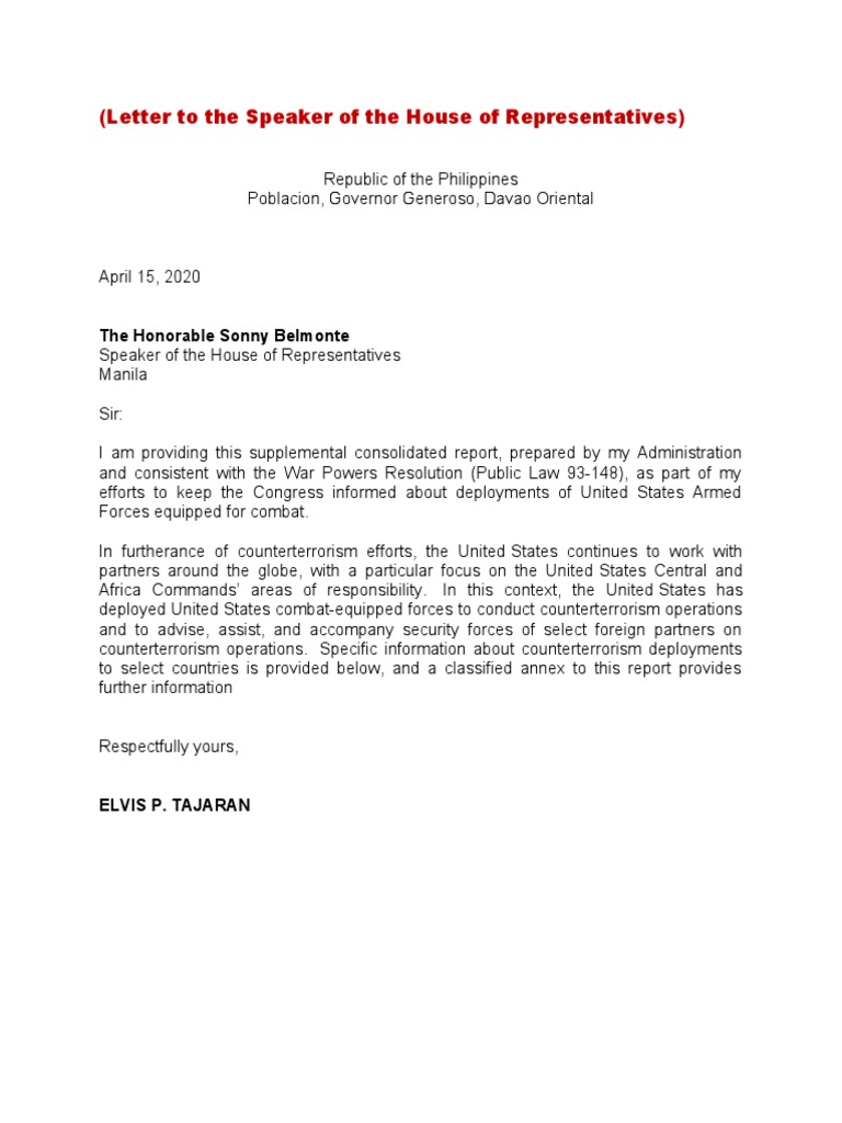 Sample Letter To The Speaker of The House of Representatives | PDF