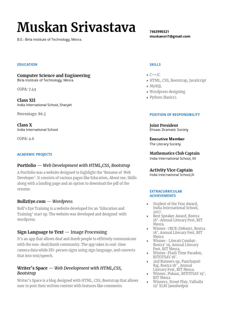 Muskan Srivastava Resume PDF | PDF | Bootstrap (Front End Framework) | Cascading Style Sheets