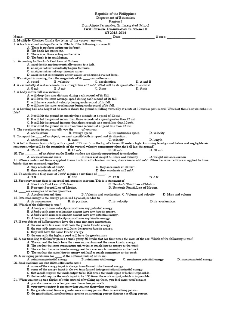 Science 8 First Periodic Exam Guide | PDF | Momentum | Kinetic Energy