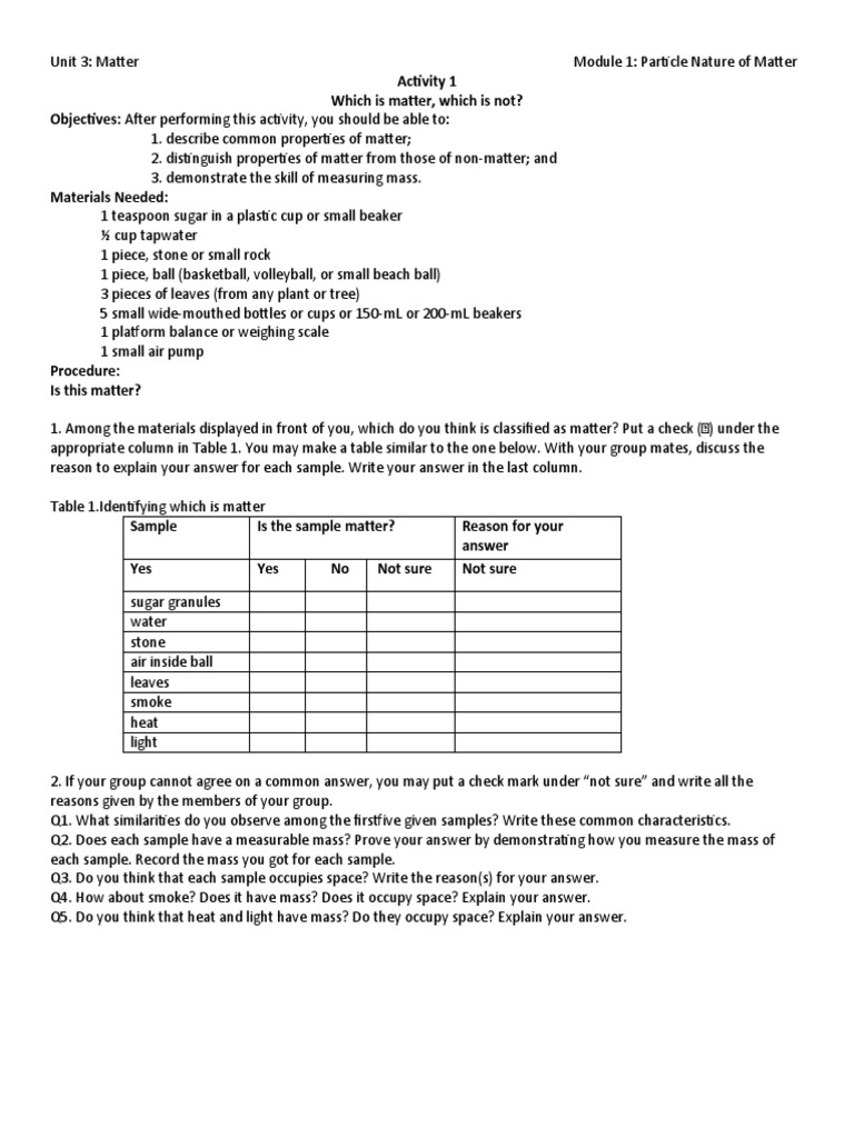 Unit 3 Activities Science 8 | PDF