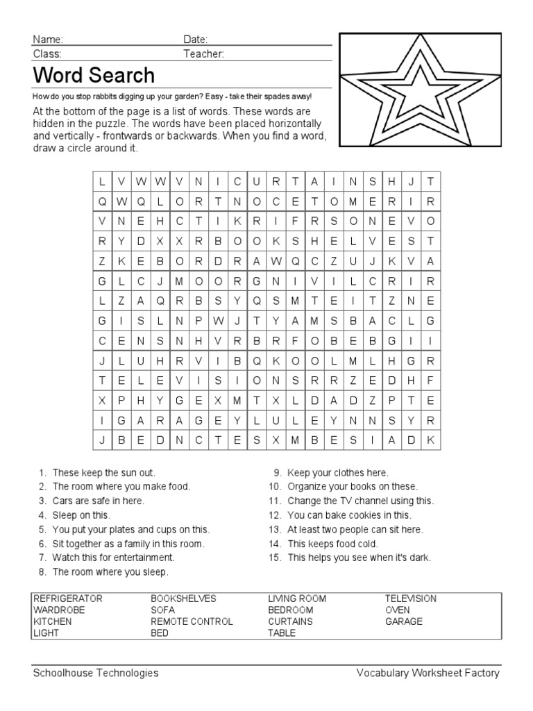 Around the House Word Search Answers | PDF | Word Search | Home