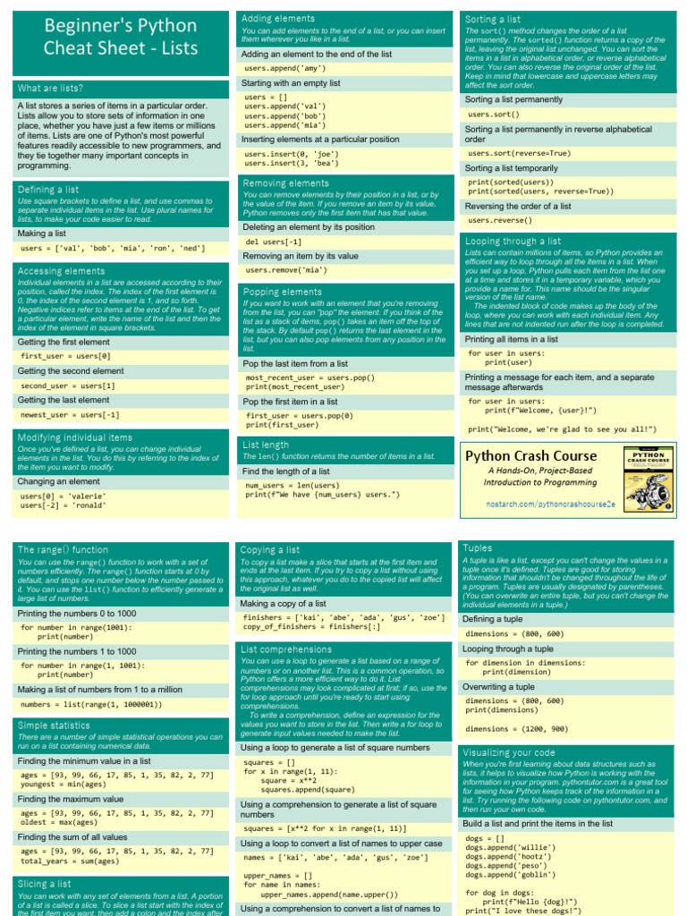 Python Lists Cheat Sheet for Beginners | PDF | Control Flow | Function ...