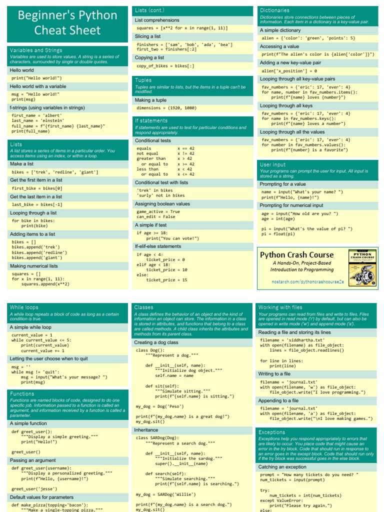 Beginners Python Cheat Sheet PCC PDF | PDF