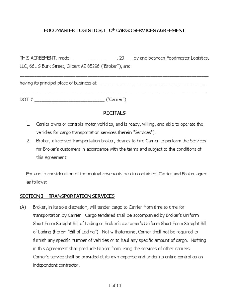 Carrier Services Agreement | PDF | Indemnity | Liability Insurance
