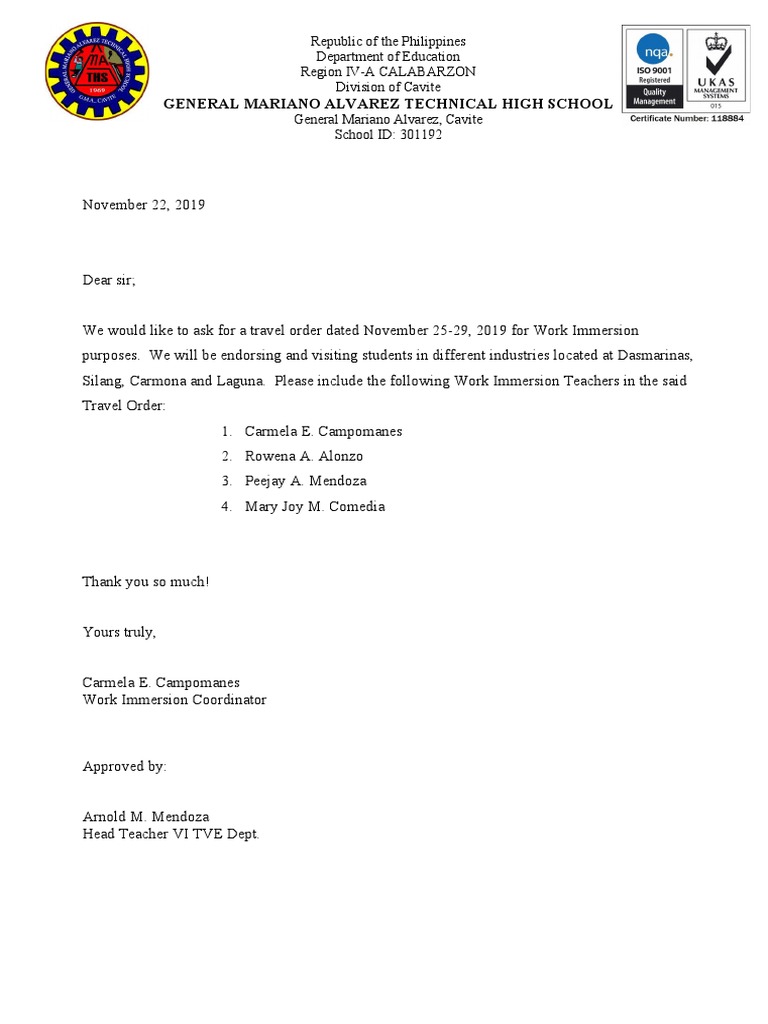Travel Order Request for Work Immersion | PDF