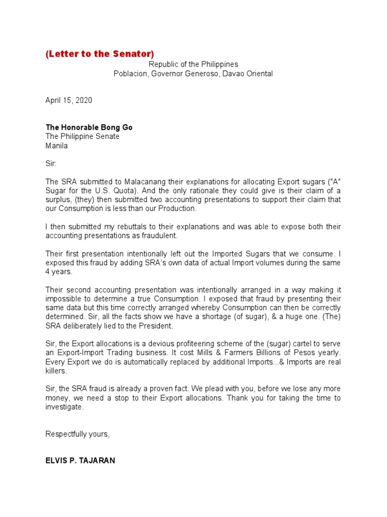 Letter To The Senator | PDF | Finance & Money Management | Politics