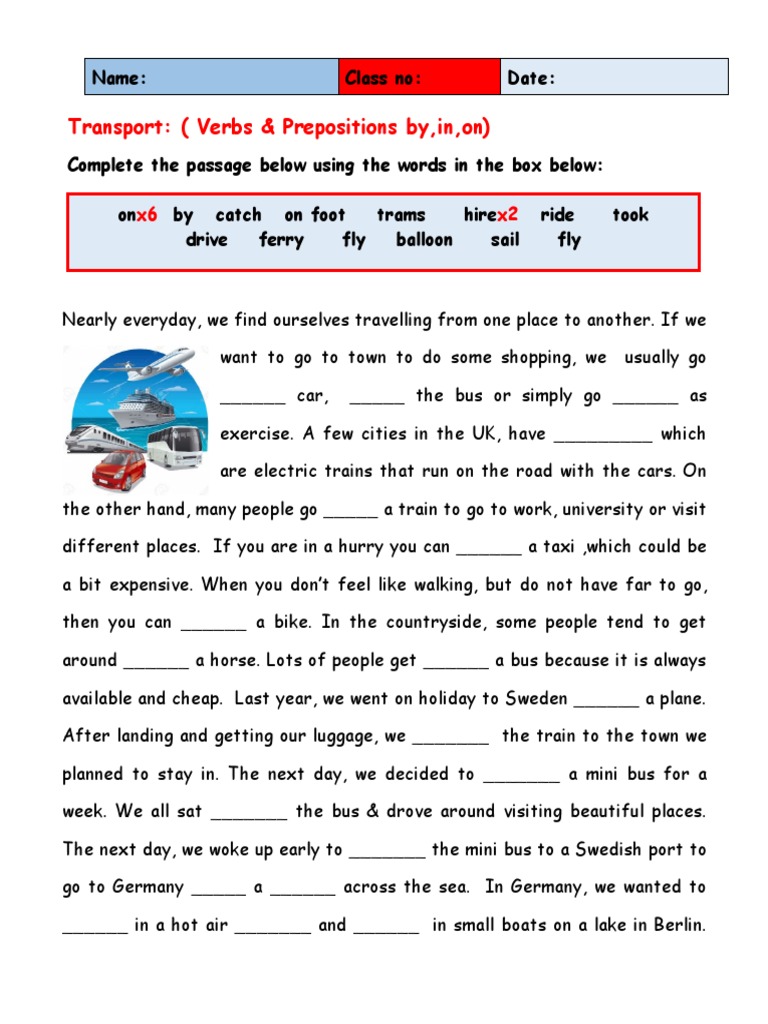 Transport: (Verbs & Prepositions By, In, On) : Name: Class No: Date | PDF