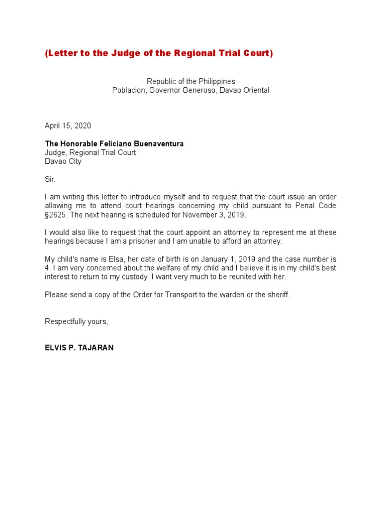 Letter Requesting Court Attendance | PDF | Wellness