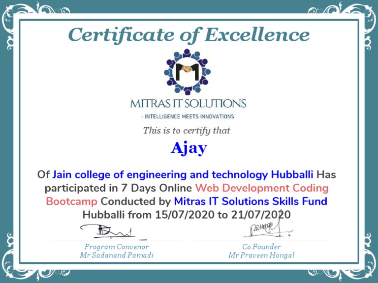 Certificate of Excellence: Jain College of Engineering and Technology ...