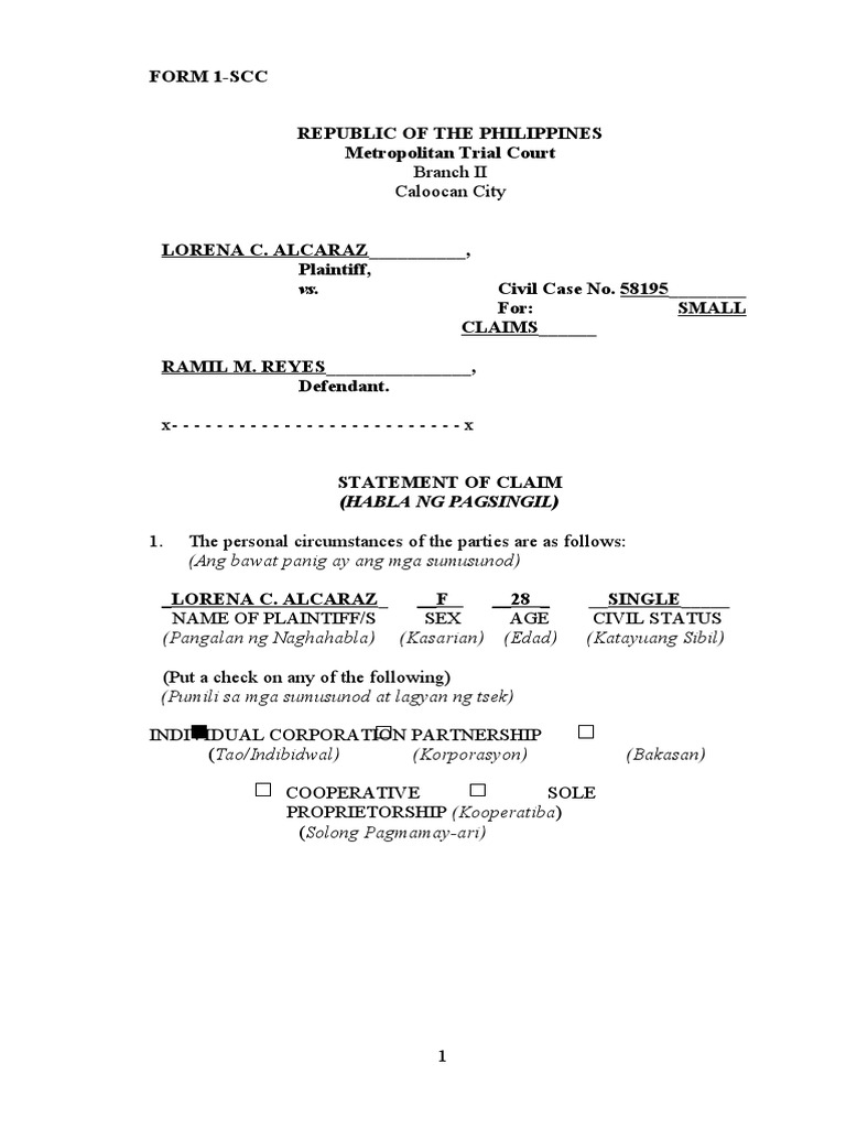 Form 1-SCC - Statement of Claim | PDF | Separation Of Powers | Virtue