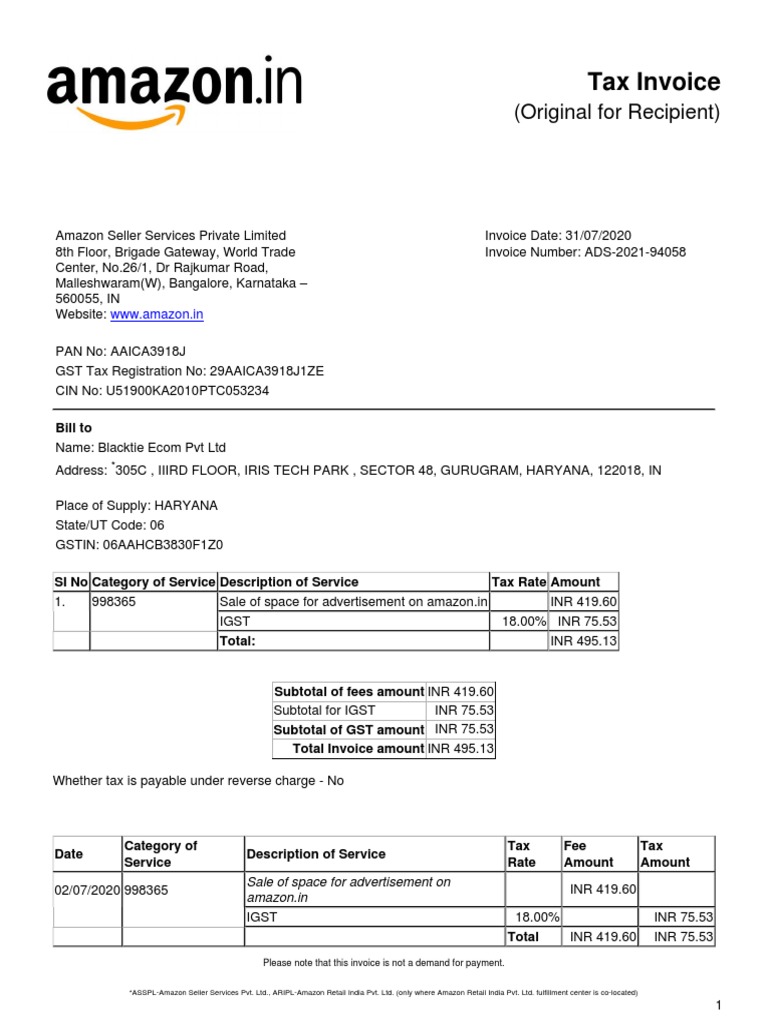 Tax Invoice: (Original For Recipient) | PDF | Invoice | Services ...