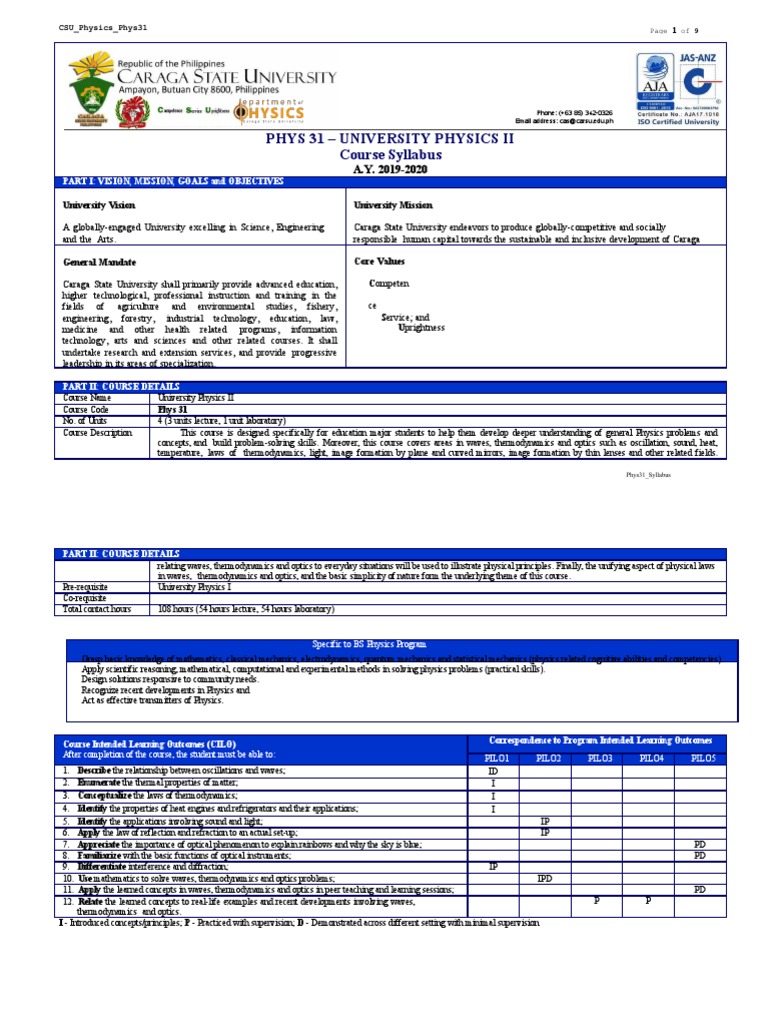 Phys 31 - University Physics Ii Course Syllabus: University Vision University Mission | PDF ...