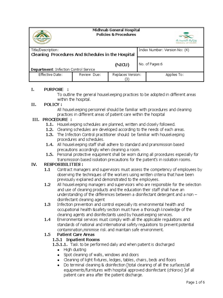 Cleaning Procedures & Schedule in The Hospital | PDF | Infection ...