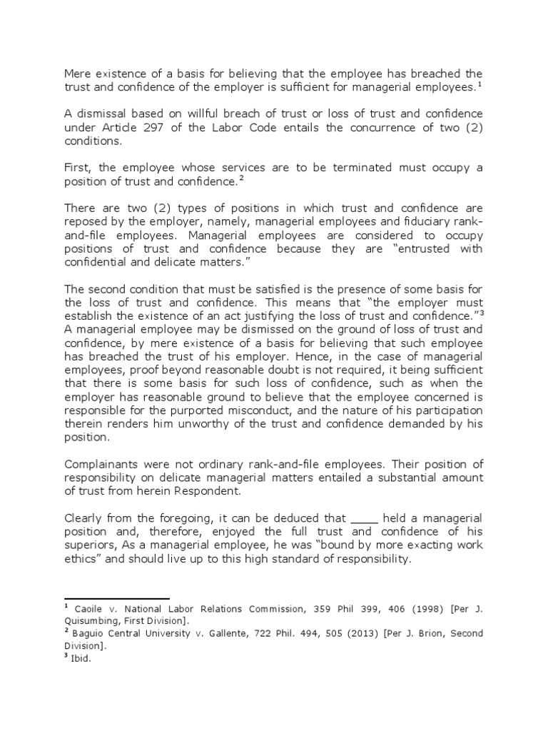 Loss of trust and confidence grounds for dismissal of managerial ...