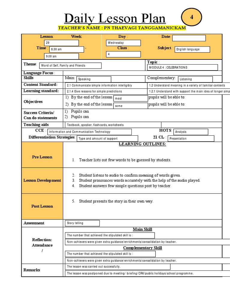 Daily Lesson Plan: Teacher'S Name: PN Thaevagi Tanggamanickam | PDF ...