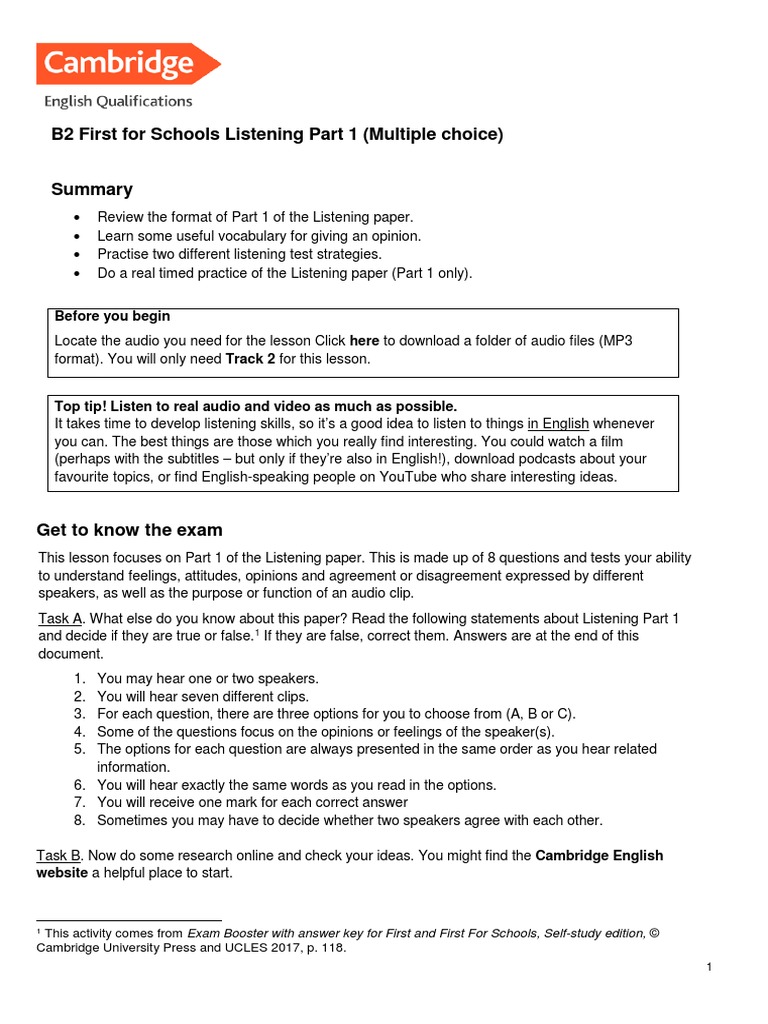 b2 First For Schools Preparing For Exam Success Self Study Listening Activities Part 1 | PDF ...