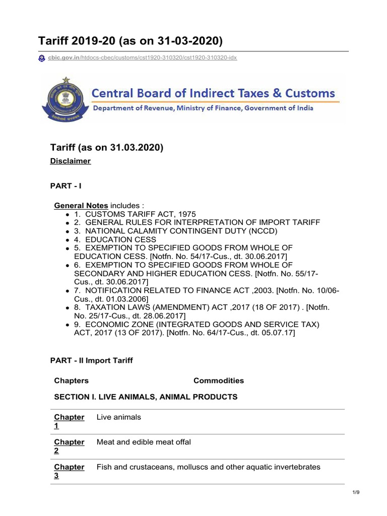 Indian Customs Tariff Schedule Compendium As On 31-3-2020 | Download ...
